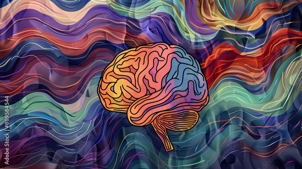 Vibrant digital artwork featuring a human brain on a multicolored wavy ...