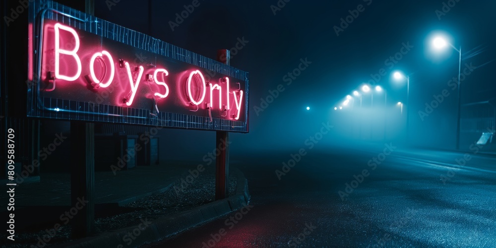 Moody and provocative 'Boys Only' neon sign illuminated in a mysterious ...