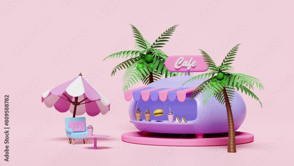 3d animation, shop store cafe 3d with ice cream, coffee table, umbrella ...