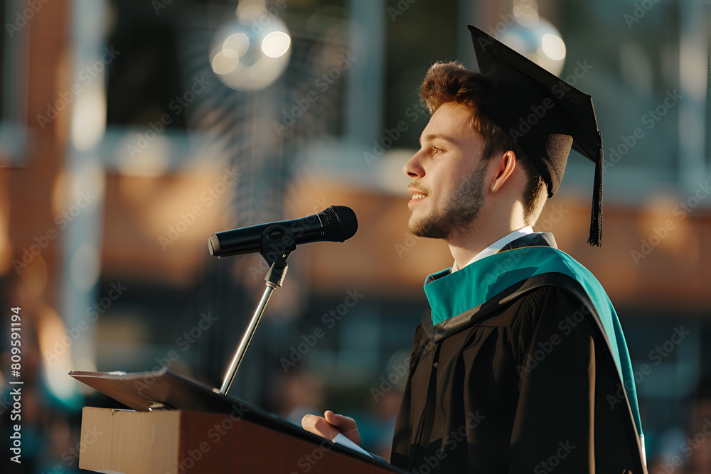 Valedictorian young student man giving graduation speech to other ...