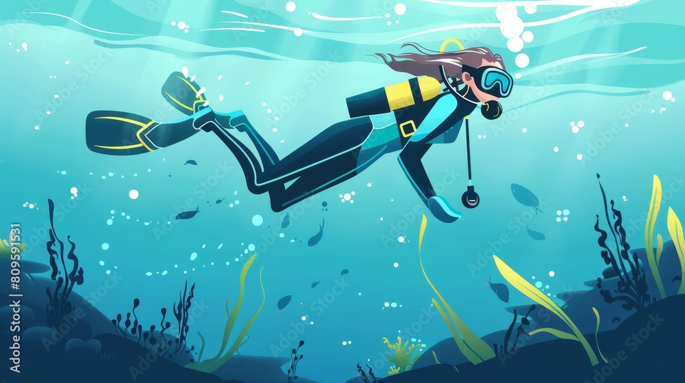 ภาพประกอบสต็อก The diving cartoon web banner shows a scuba diver girl ...