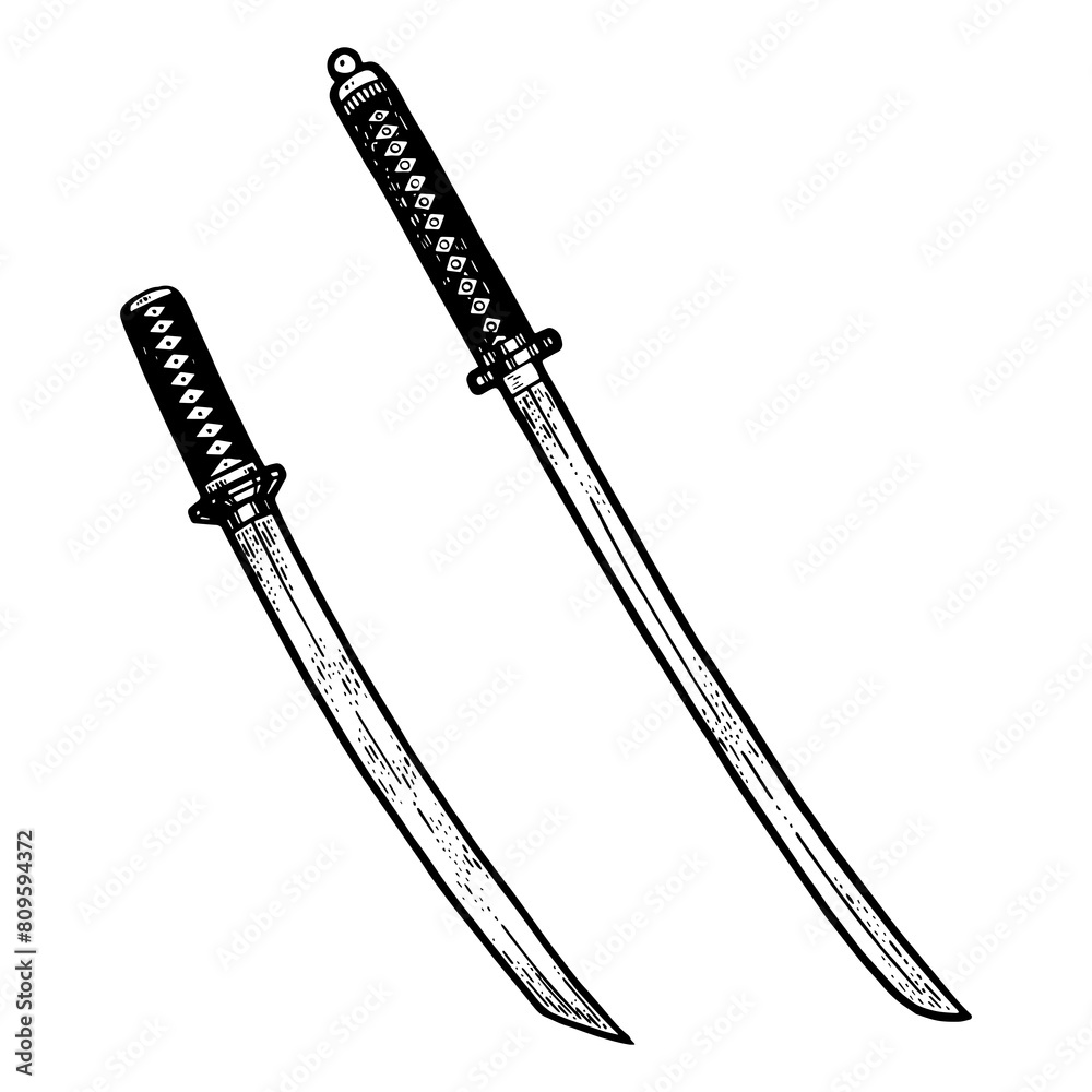 Japanese sword Katana and Wakizashi sketch engraving PNG illustration ...