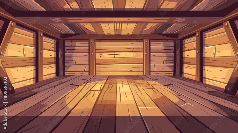 Wooden room with wooden walls, ceiling and floor. Cartoon textured ...