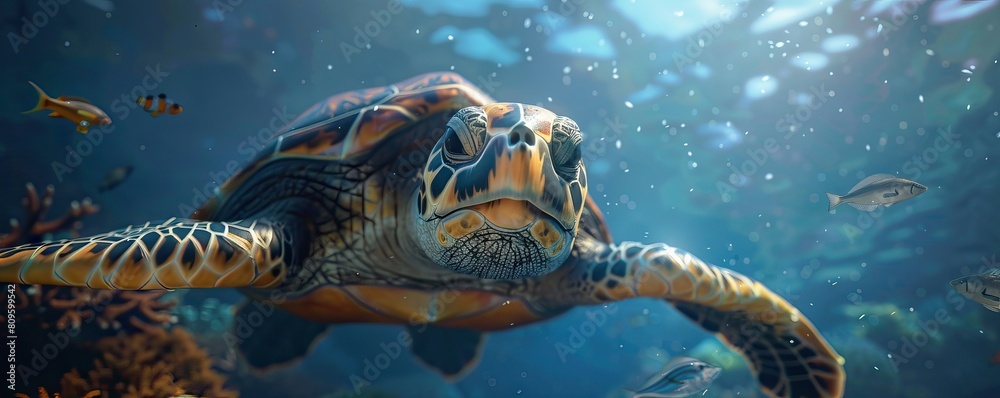 Happy cute sea turtle swimming freely in the blue ocean. Scuba diving ...