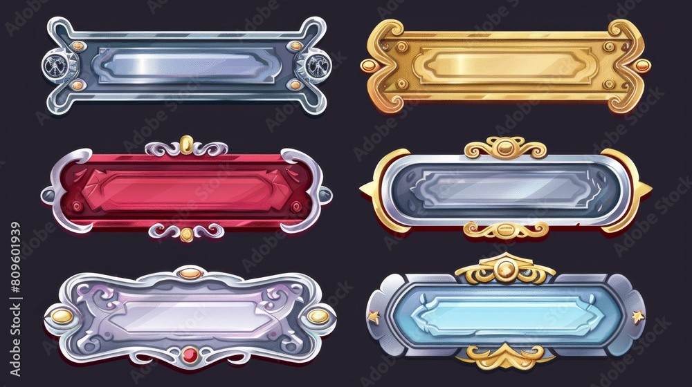Cartoon set of empty banners, game ranking bars with decorative borders ...