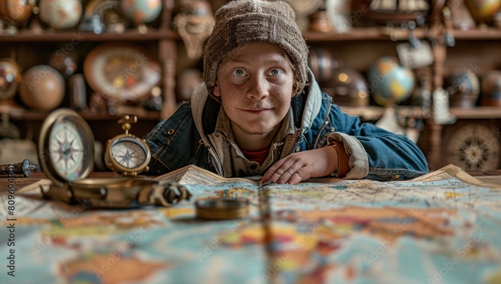 A customer poses with a collection of travel souvenirs, pretending to ...