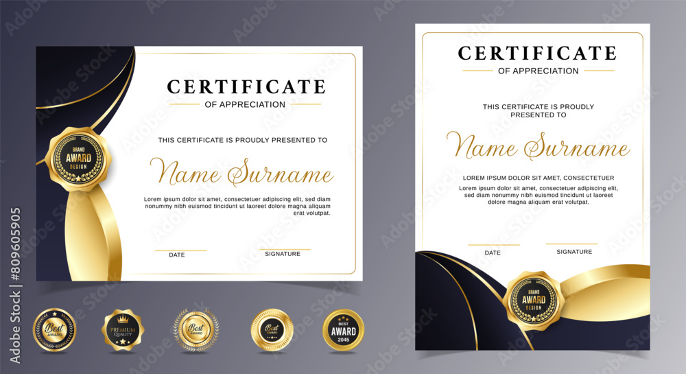 Certificates of completion template with luxury badge and modern line ...