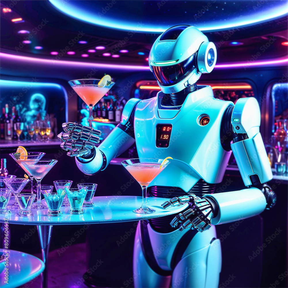 Robot humanoid astronaut bartender serves drinks, cocktails, champagne ...