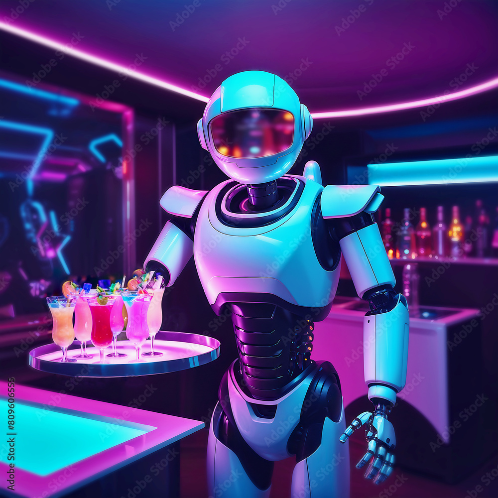Robot humanoid astronaut bartender serves drinks, cocktails, champagne ...