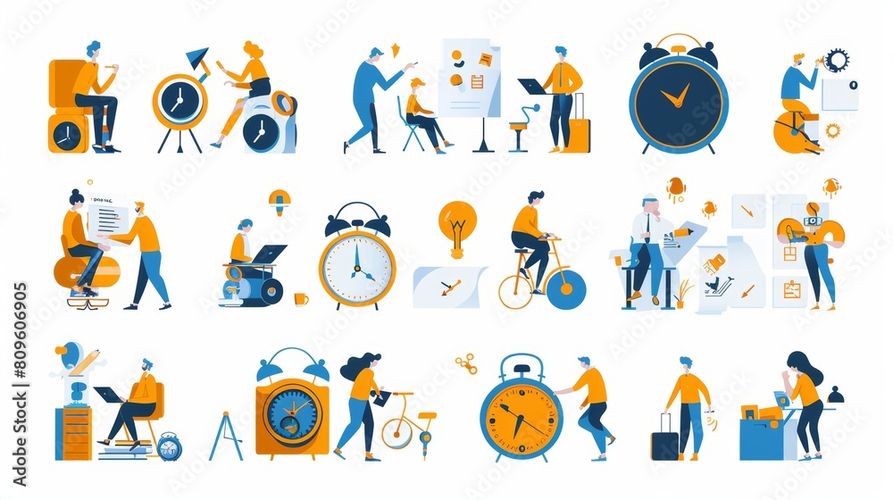 Isolated white background with time management scenes. Flat characters ...