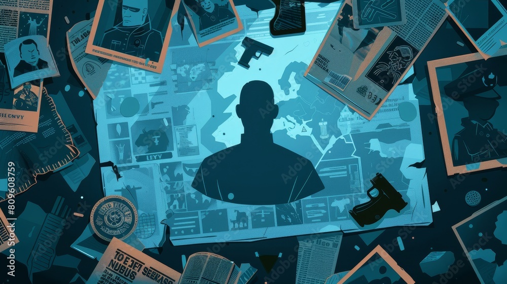 Cartoon illustration of a police detective on a train with crime ...