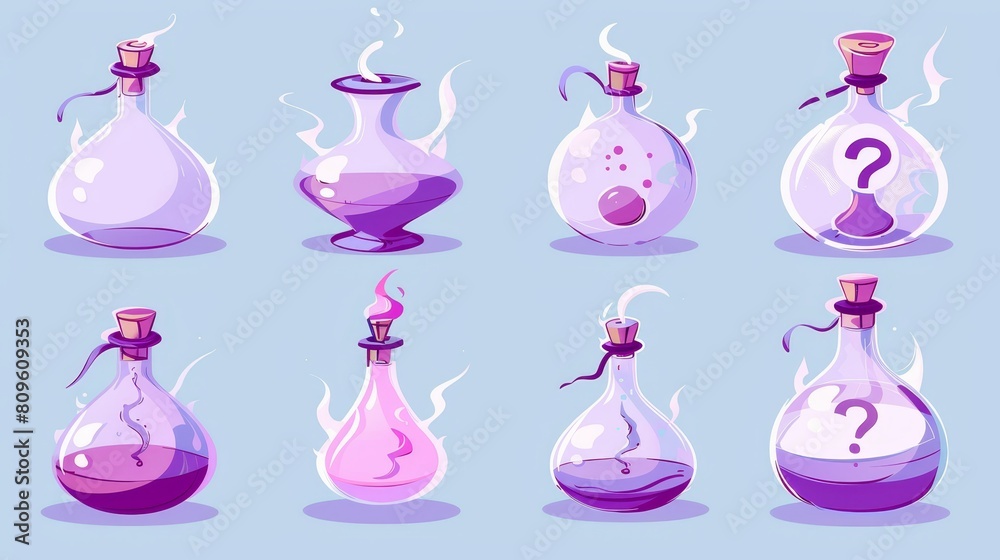 Animated illustration of a potion bottle with puff clouds. Modern ...