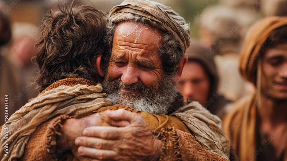 Parable of the prodigal son joyful father embracing his returning son ...