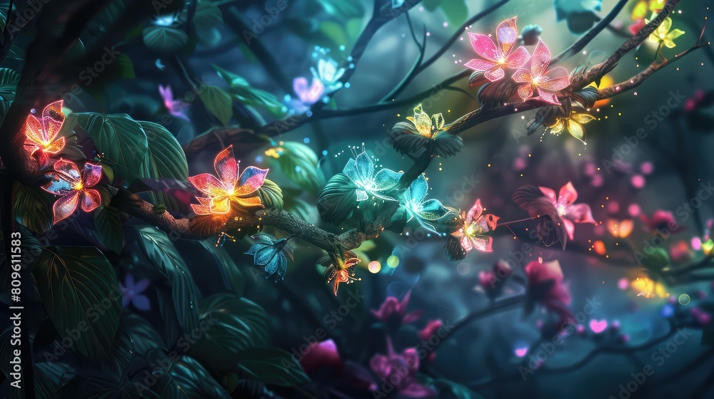 Dynamic wallpaper with branches and flowers that glow and change color ...