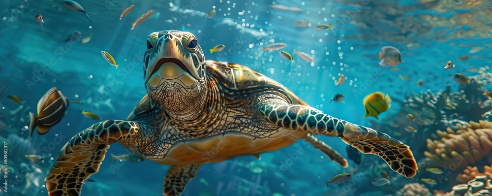 Happy cute sea turtle swimming freely in the blue ocean. Scuba diving ...