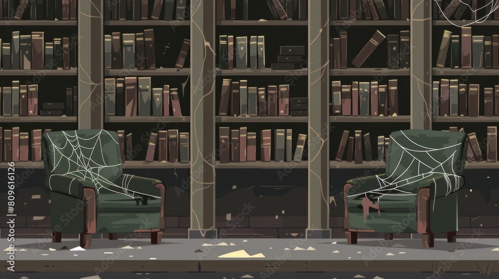 Modern background of abandoned dirty library with bookshelf. Interior ...