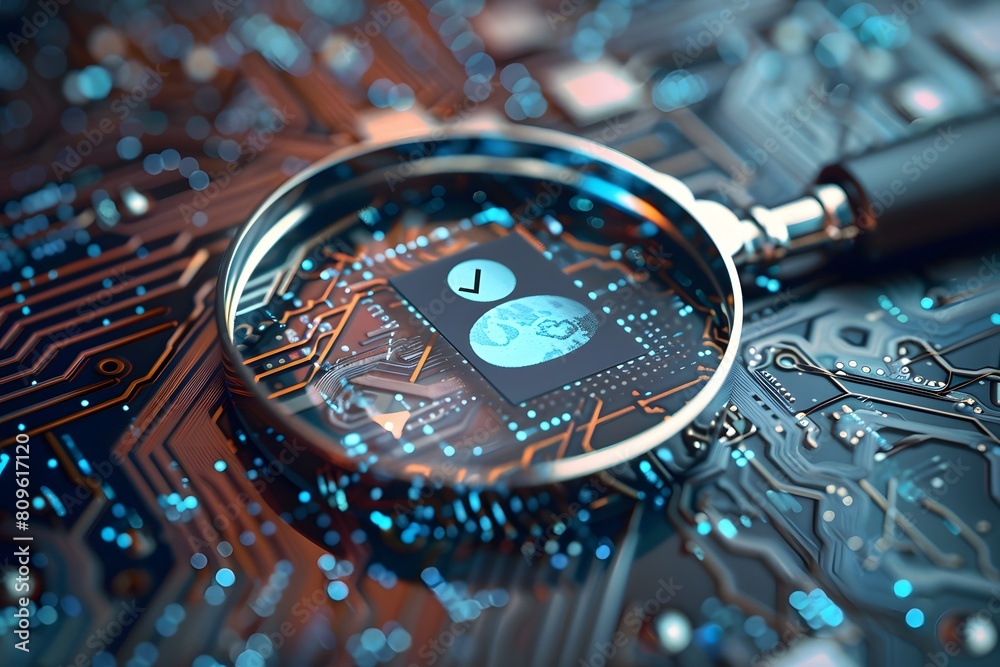 Closeup of magnifying glass over digital identity with person icon and ...