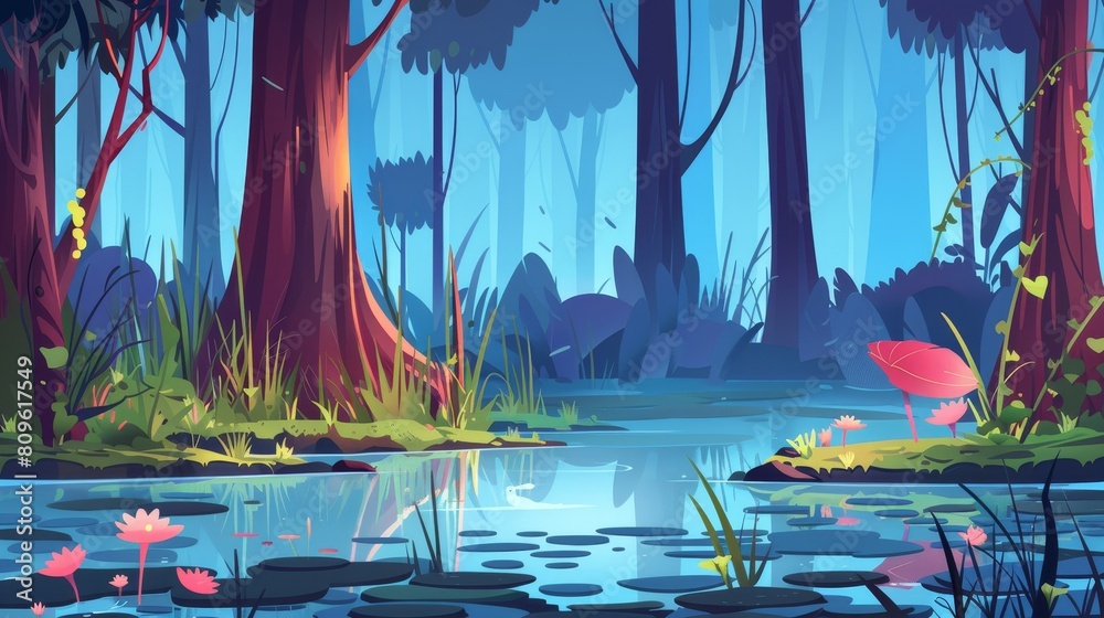 The forest forest swamp cartoon game landscape background with woods ...