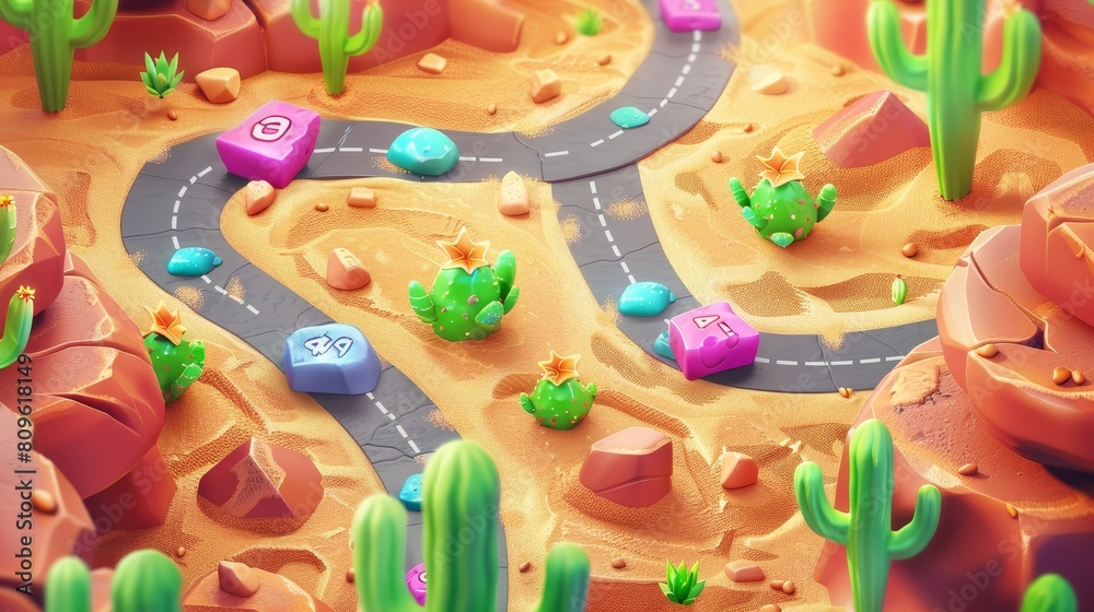 Road map background illustration for a summer game in a desert. A fairy ...