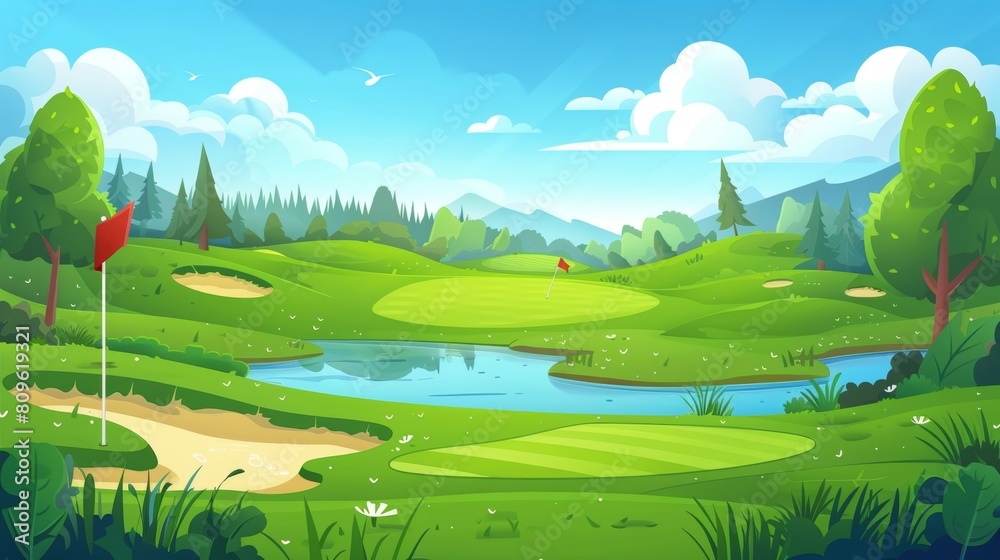 Cartoon golf course with grassy hills, sand areas, and lake. Modern ...