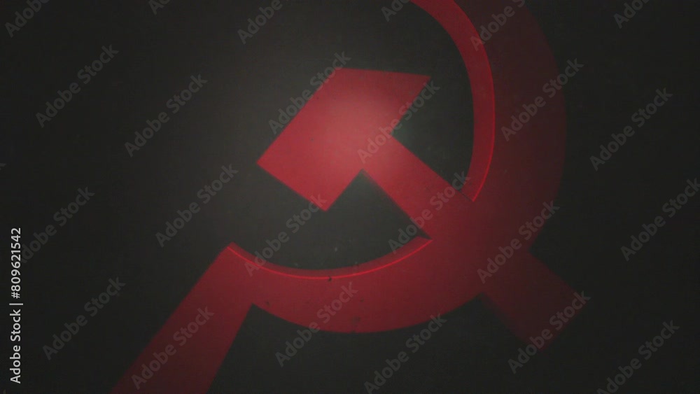 3D red hammer and sickle, zooming out through a thick, dirty atmosphere ...