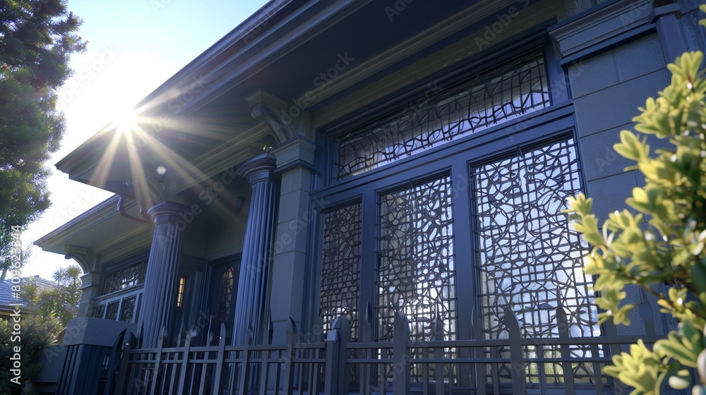 Noon scene at a craftsman house in slate grey with bright sunlight ...