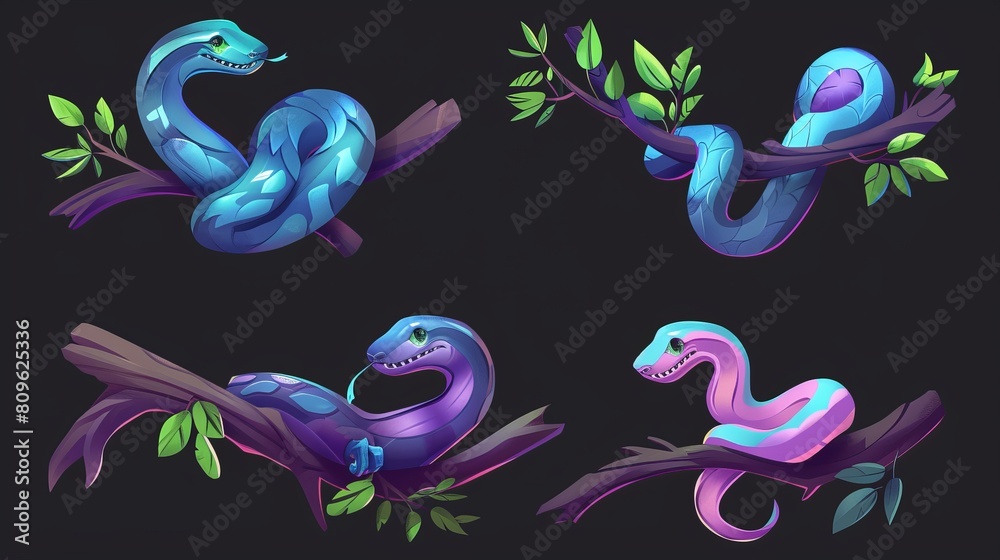 A cartoon illustration of a snake creeping along a tree branch for a ...