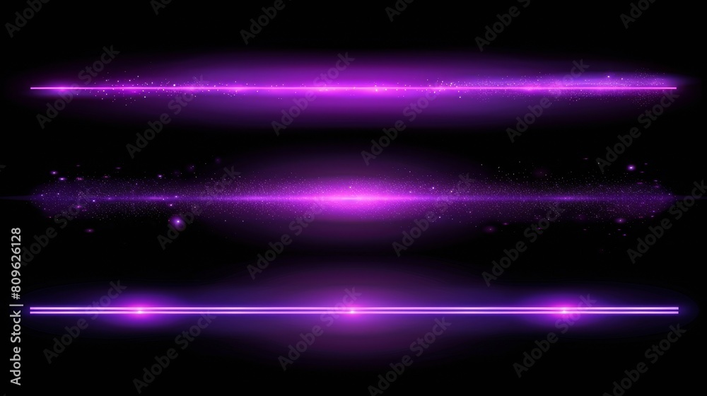 Set of purple light lines isolated on black background with smoke ...