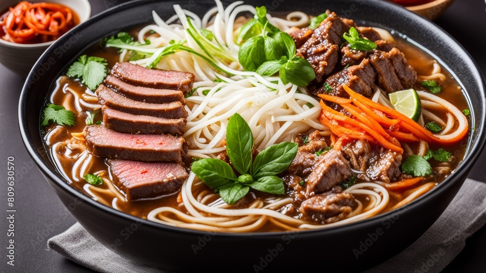 A delicious hot dish of beef pho with tendons, knuckle, tripe and ...