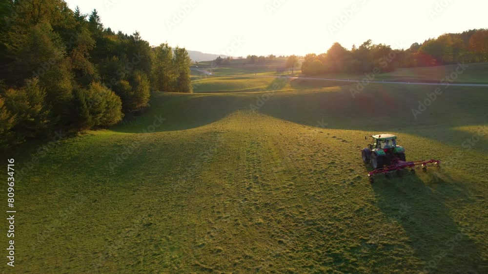 AERIAL: Rear view of tractor turning mowed hay with hay tedder in ...