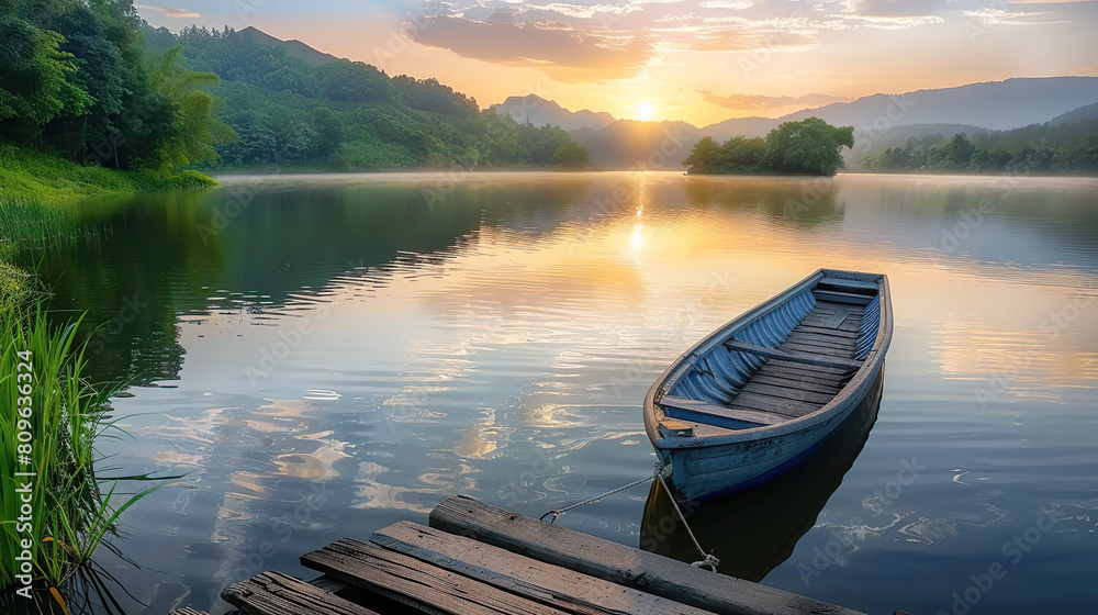 Beautiful lake landscape with row boat and old wooden lake bridge with ...
