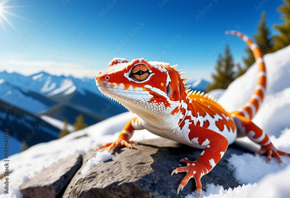 Majestic Gecko: A Close-Up Macro Photo of a Horned Lizard on a Snowy ...