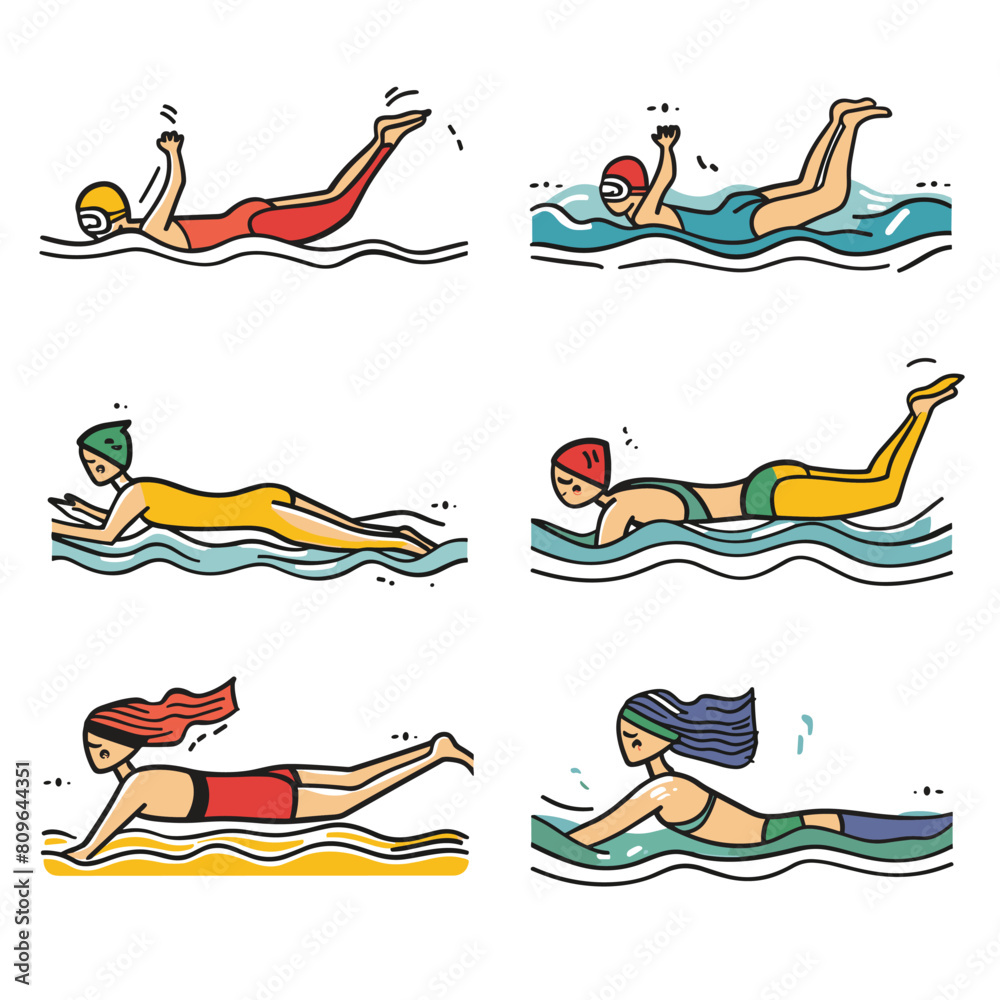 Swimmers illustrated performing different strokes. Cartoonstyle male ...