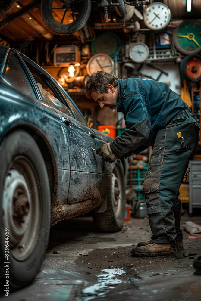 One man professional mechanic work on the car door in the garage Stock ...