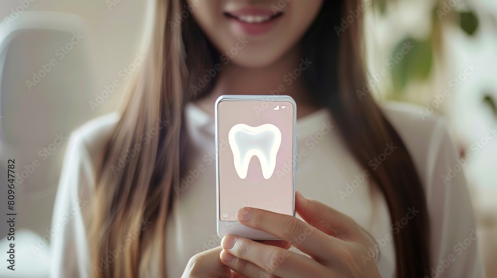 Image of a girl with a smartphone in her hand. She presses on the tooth ...