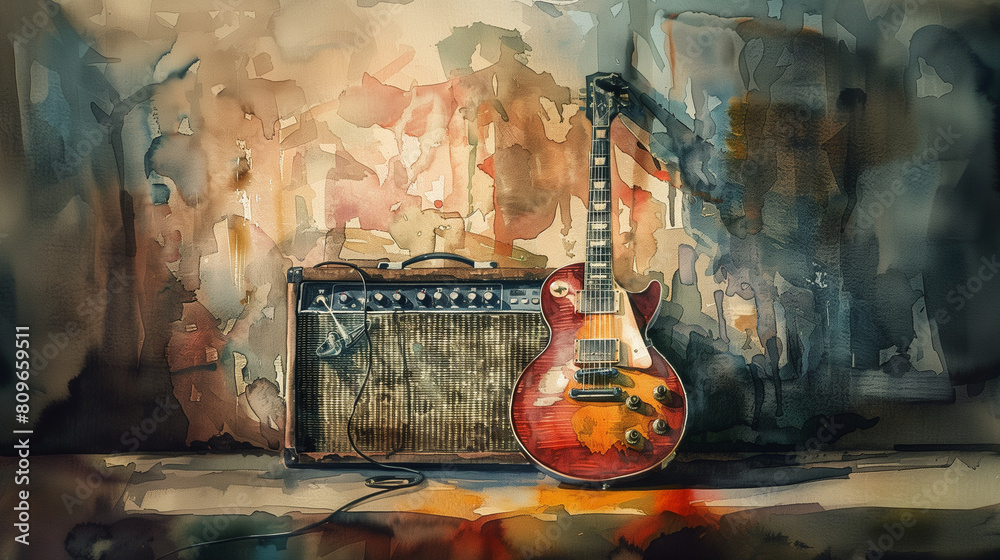Watercolor painting of vintage electric guitar with vintage amplifier ...