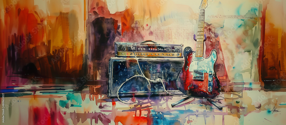 Watercolor painting of vintage electric guitar with vintage amplifier ...