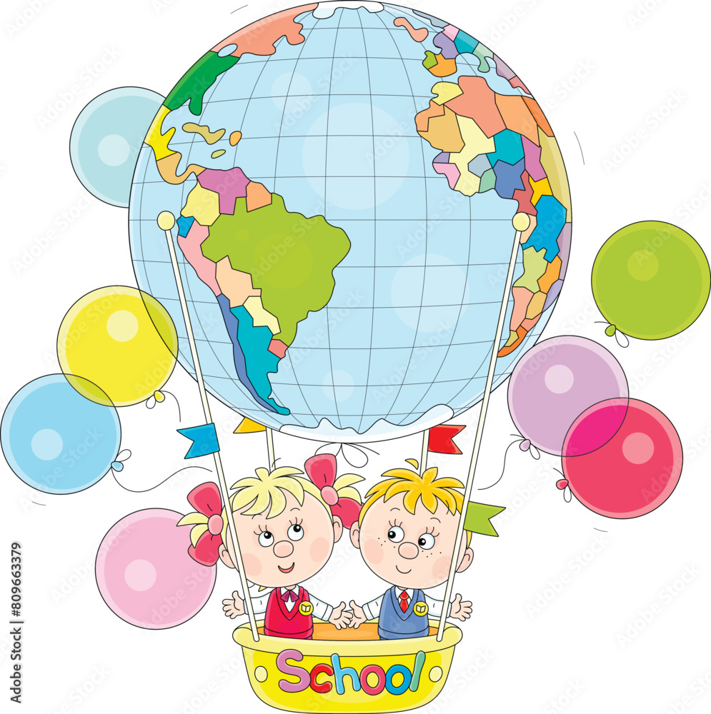 Funny little schoolboy and schoolgirl flying with a school air balloon ...