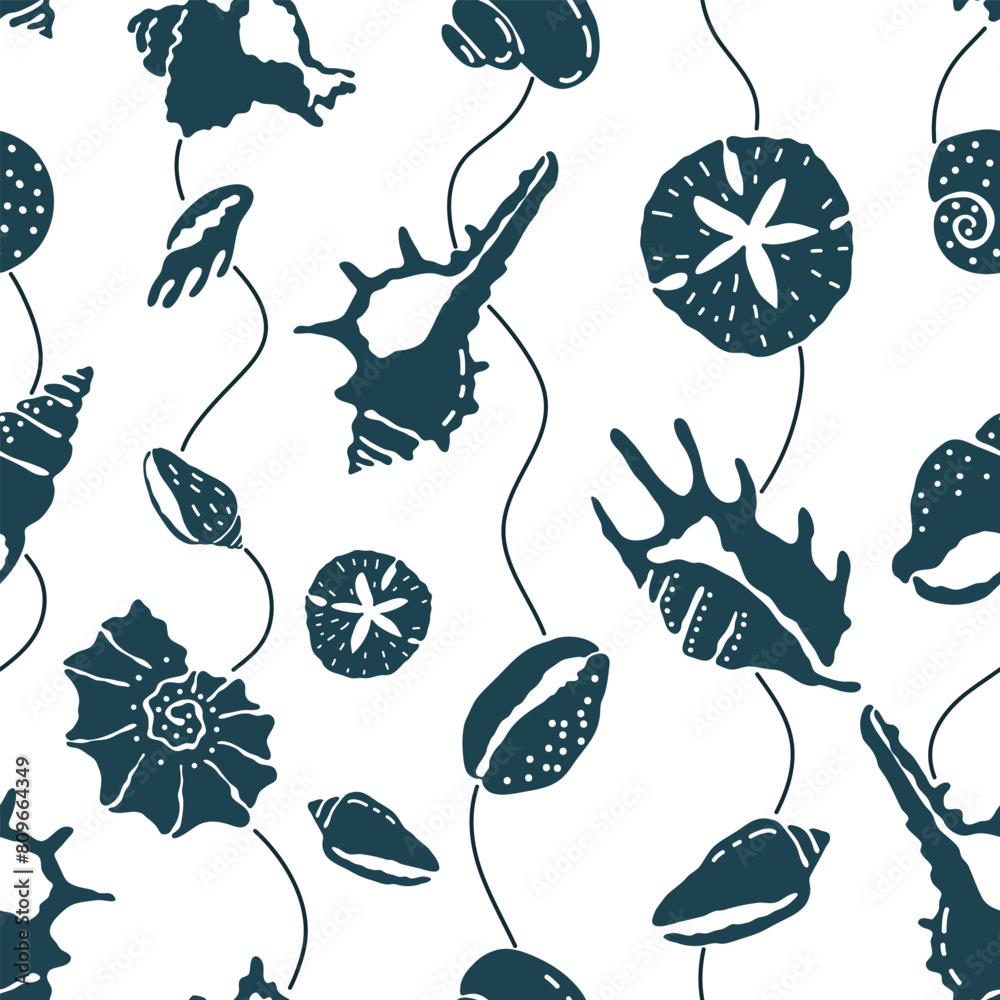 Linocut illustration of underwater world. Vector seamless pattern with ...