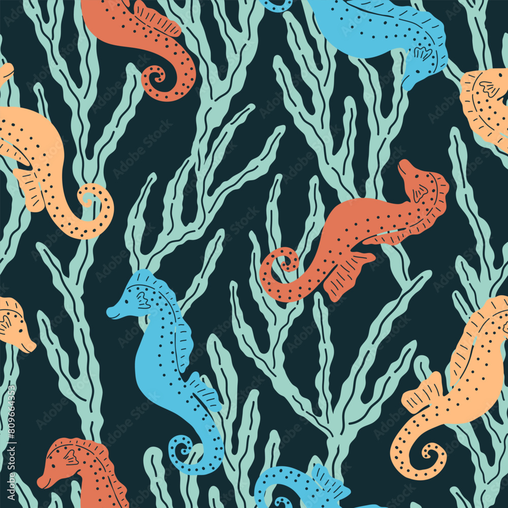 Colorful illustration of underwater world. Vector seamless pattern with ...
