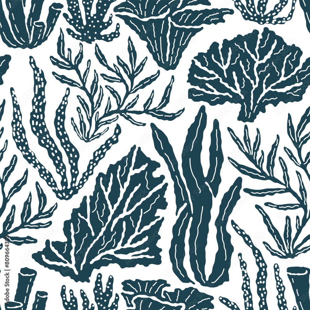 Linocut illustration of underwater world. Vector seamless pattern with ...