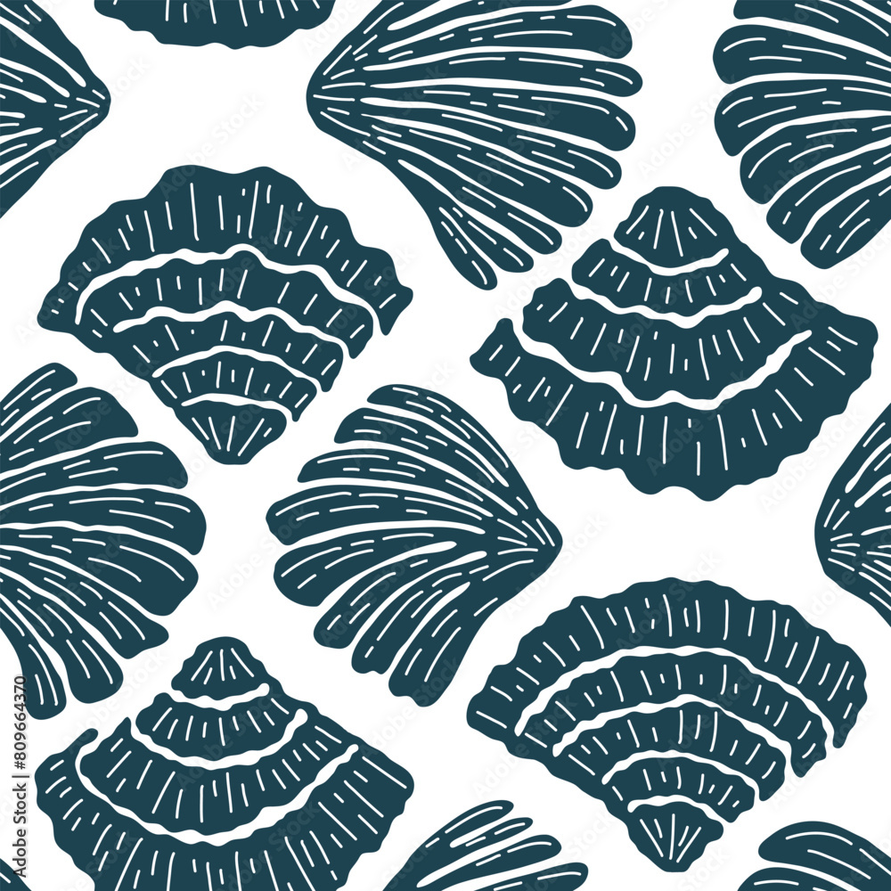 Linocut illustration of underwater world. Vector seamless pattern with ...