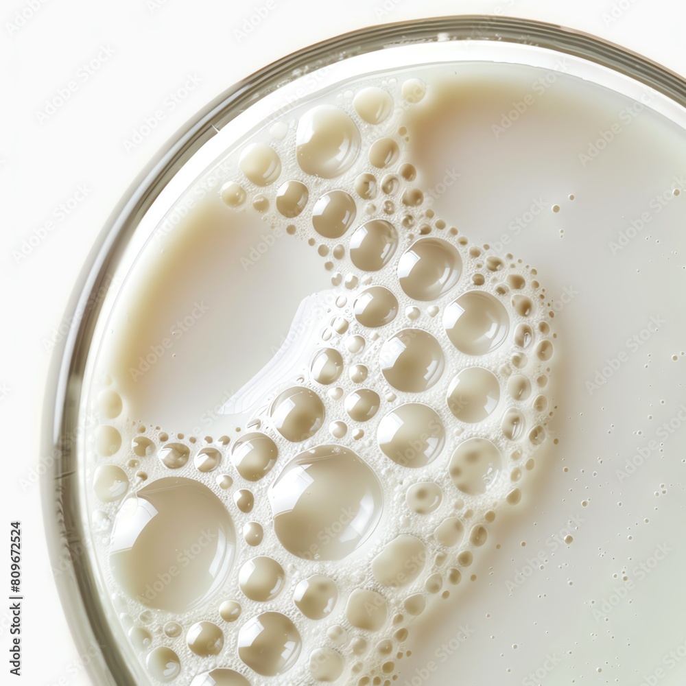 Generate an image of a glass of milk with bubbles on the surface. Make ...