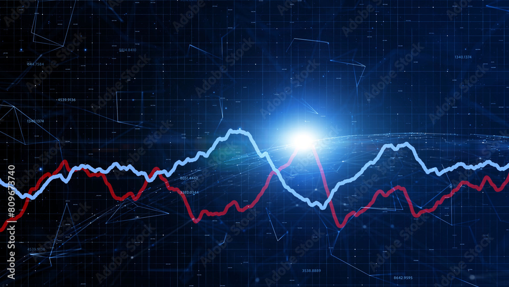 Artistic blue and red financial stock lines economy graphs with glowing ...