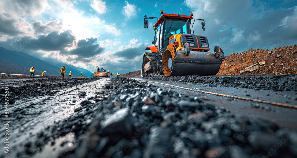 Construction site is laying new asphalt road pavement,road construction ...