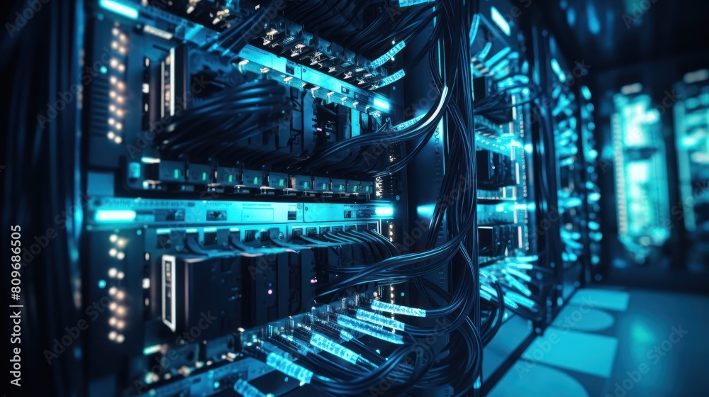 Network cables connected to a black patch panel in a data server room ...