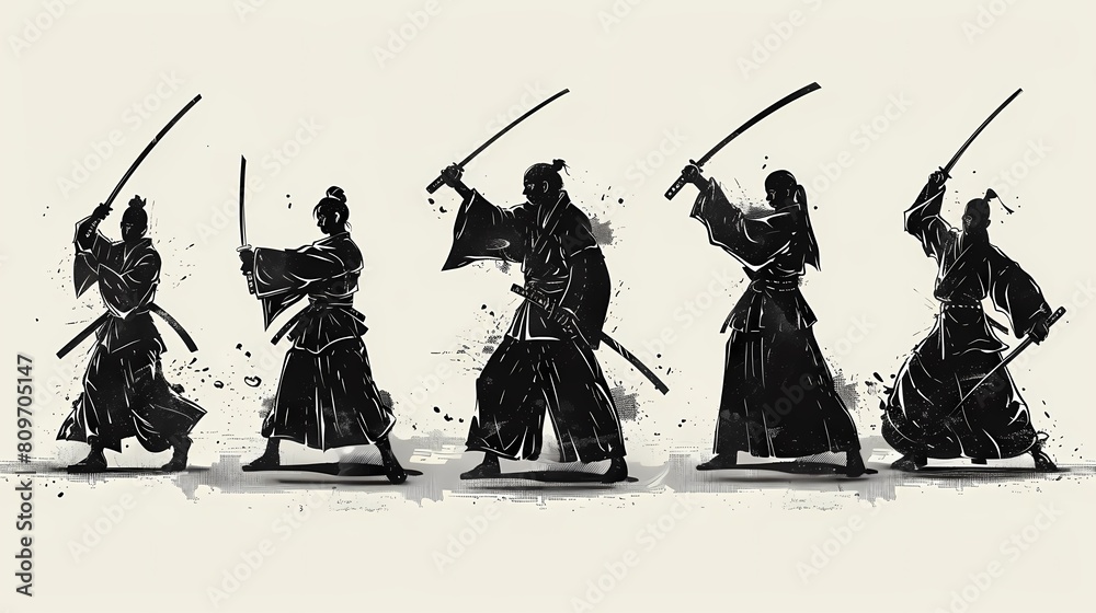 Five samurai warriors in different sword fighting stances Stock Illustration | Adobe Stock