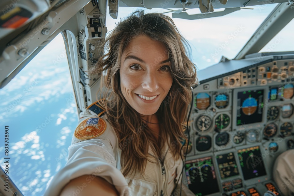 Joyous female pilot with a charismatic smile takes a selfie in a well ...