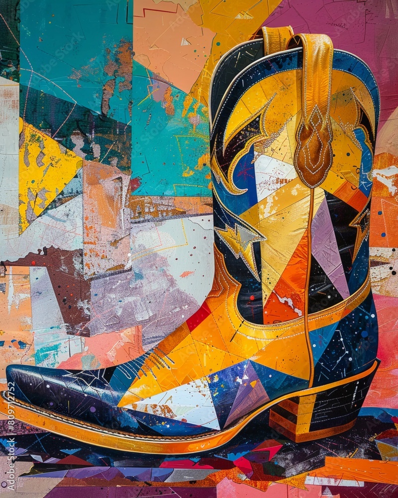 Abstract art of cowboy boots, fragmented into geometric patterns ...