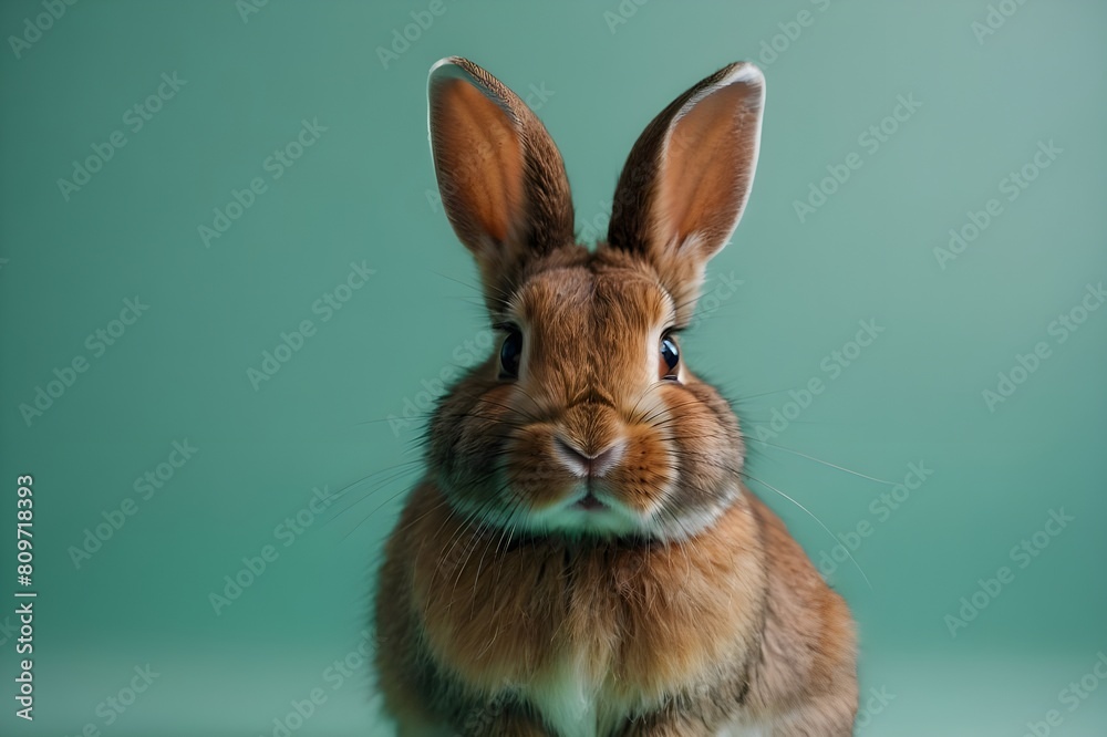Studio portrait of cute rabbit with light and green background ...